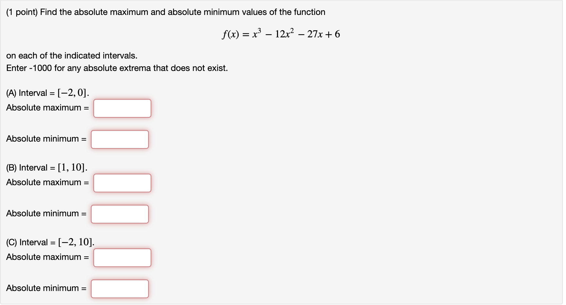 Solved (1 point) Find the absolute maximum and absolute | Chegg.com