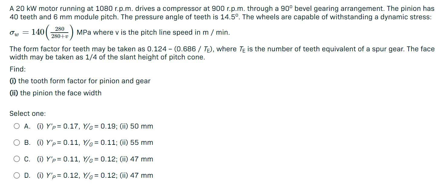Solved A 20 kW motor running at 1080 r.p.m. drives a | Chegg.com