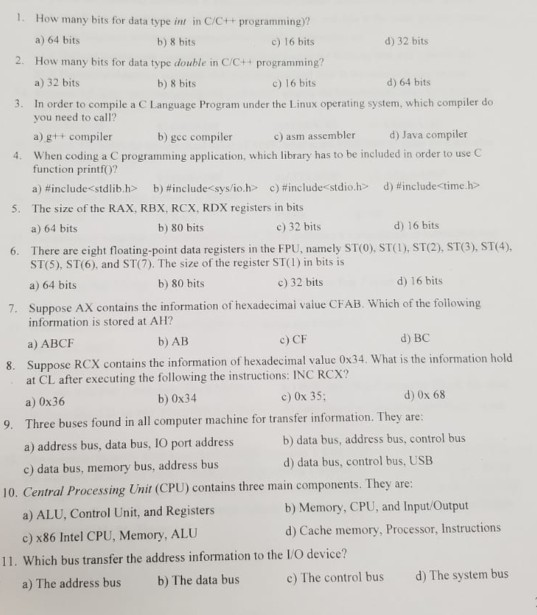 Solved 1. How many bits for data type int in C/C++ | Chegg.com