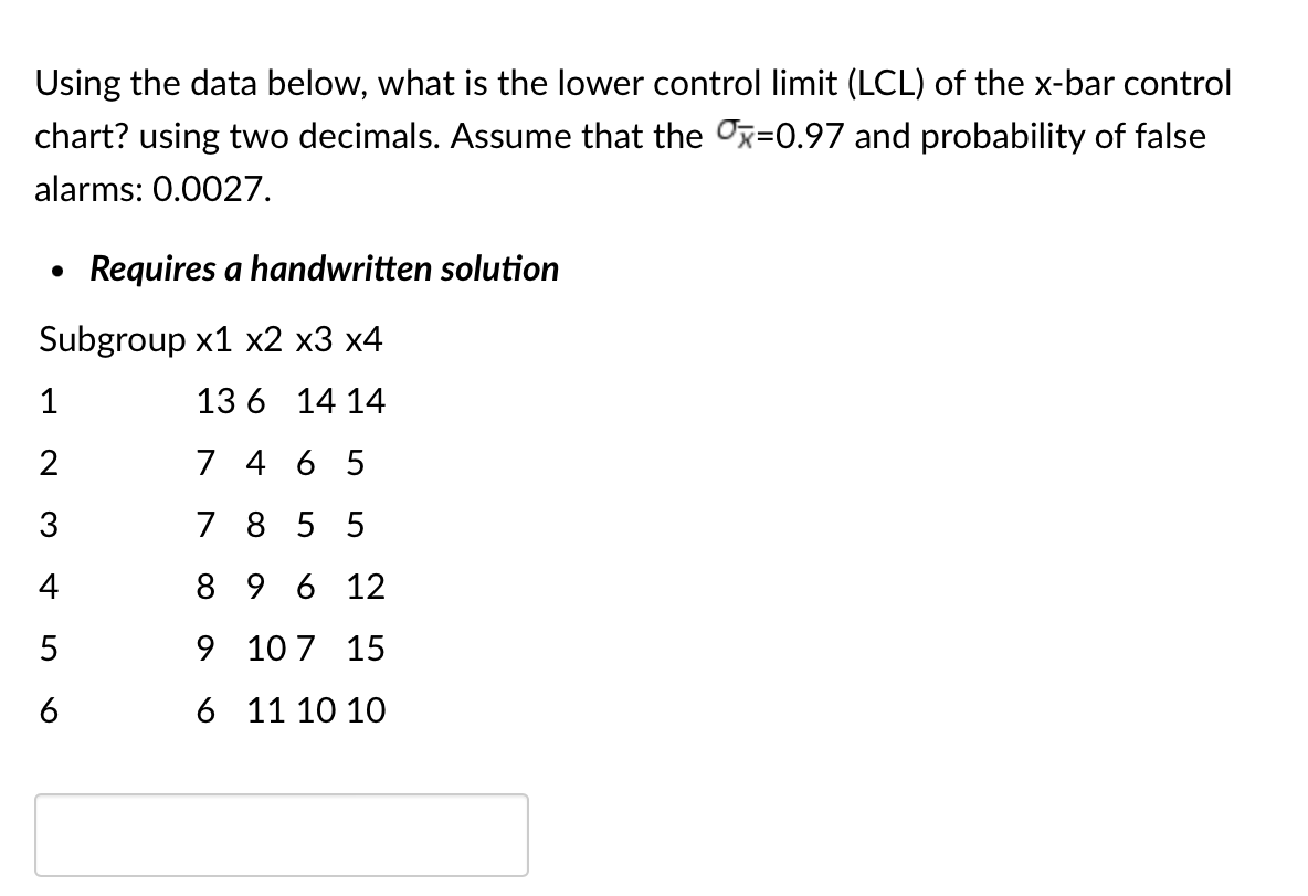 Solved Using the data below, what is the lower control limit | Chegg.com