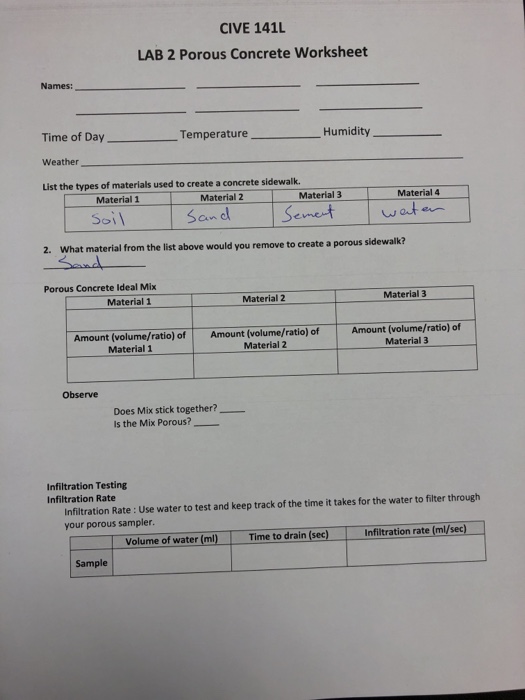 Solved CIVE 141 LAB 2 Porous Concrete Worksheet Names: Time | Chegg.com