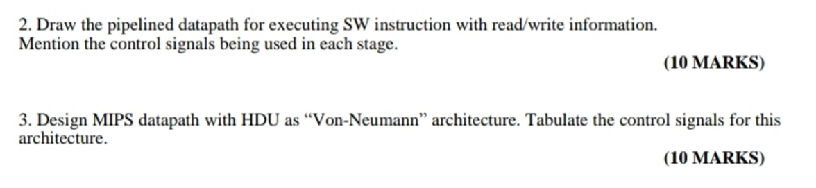 2. Draw the pipelined datapath for executing SW | Chegg.com