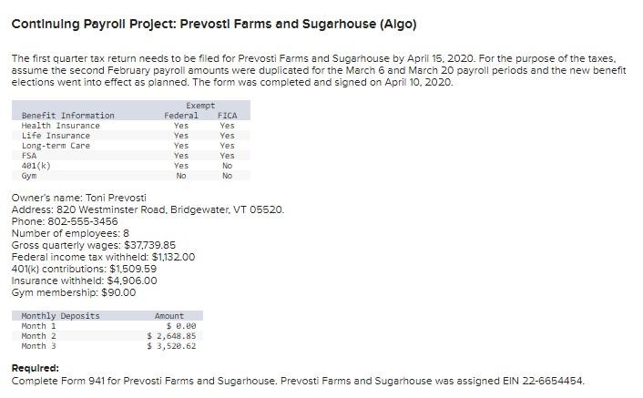 Continuing Payroll Project: Prevosti Farms and | Chegg.com