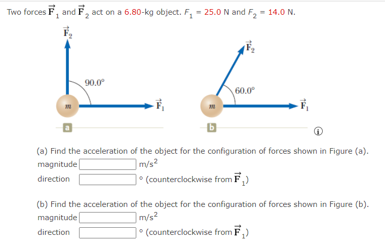 Solved Two forces vec(F)1 ﻿and vec(F)2 ﻿act on a 6.80-kg | Chegg.com
