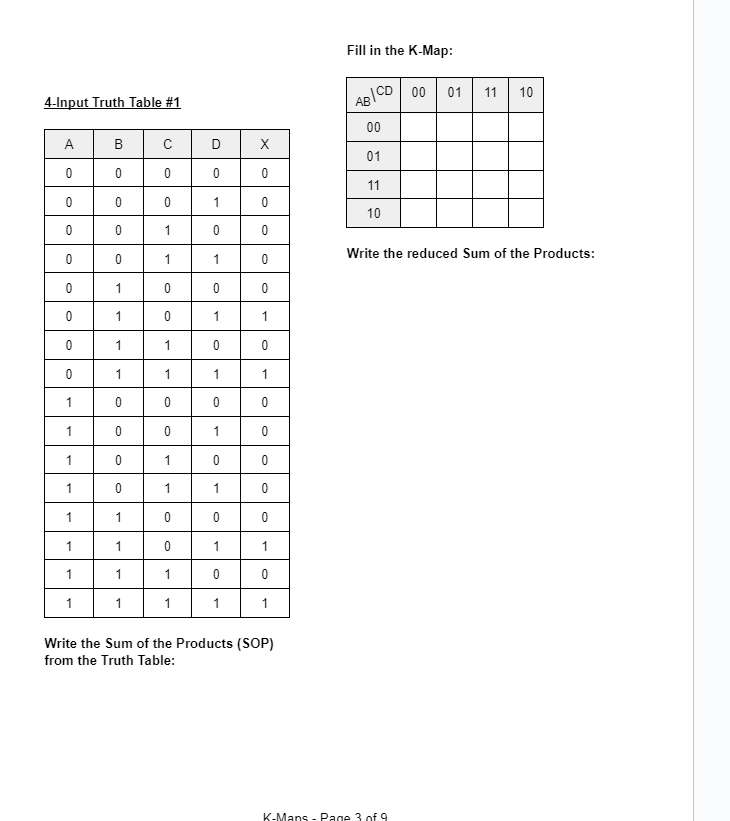 Solved Fill in the K-Map:4-Input Truth Table #1Write the | Chegg.com