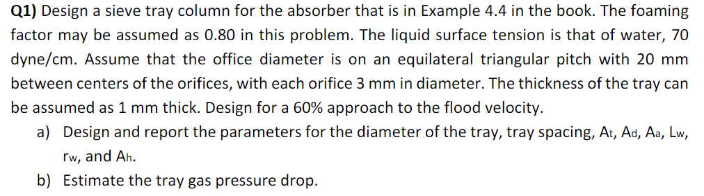 Solved Q1) Design a sieve tray column for the absorber that | Chegg.com
