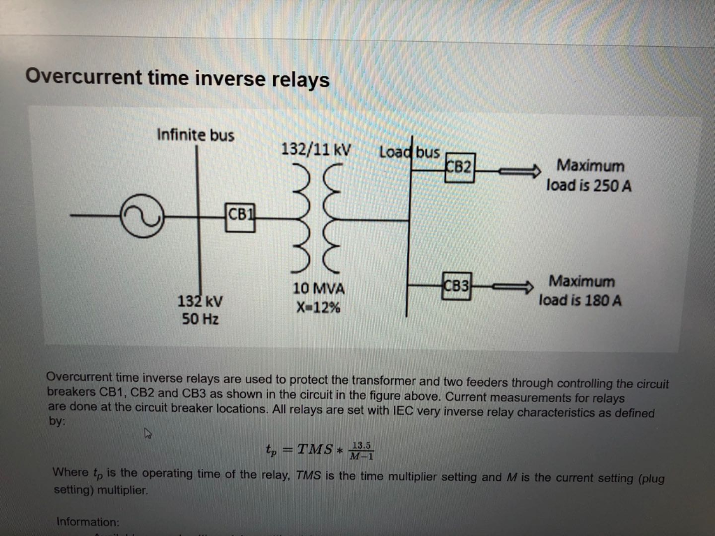 Overcurrent time inverse relays Infinite bus 132/11 | Chegg.com