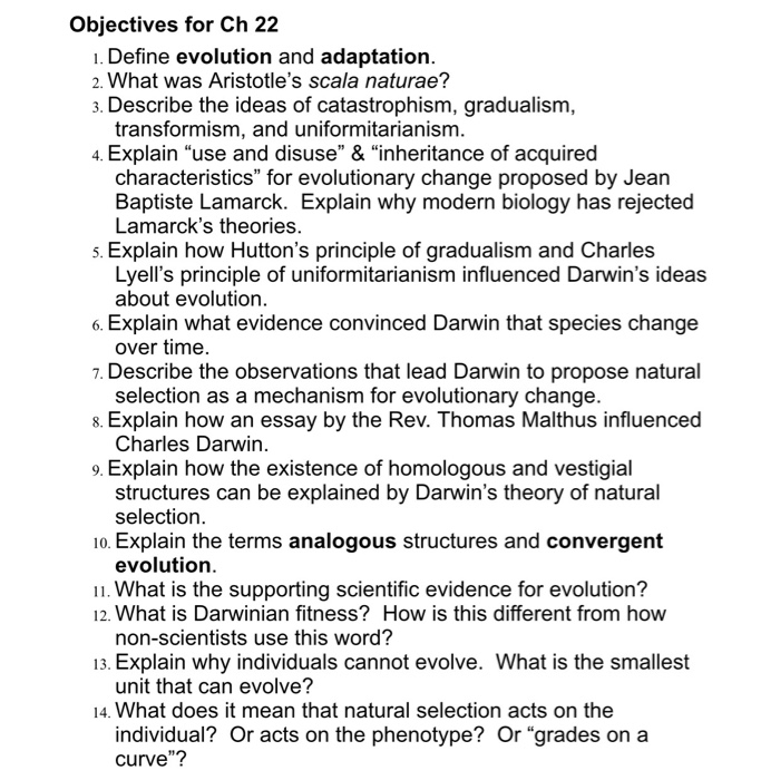 Solved Objectives for Ch 22 1. Define evolution and | Chegg.com