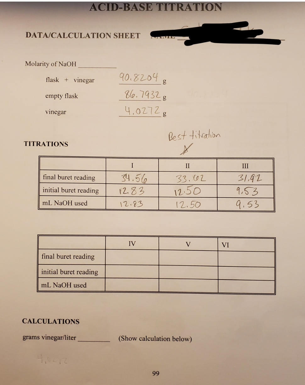 Solved ACID-BASE TITRATION DATA/CALCULATION SHEET Molarity | Chegg.com