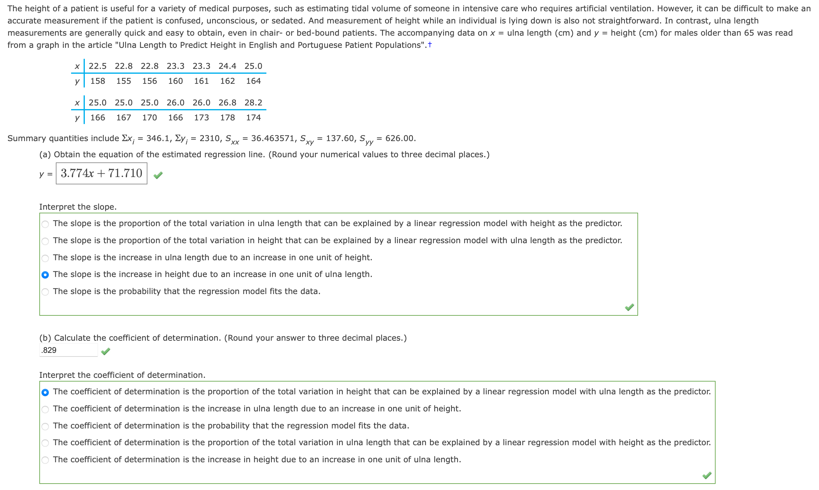 Solved from a graph in the article "Ulna Length to Predict | Chegg.com