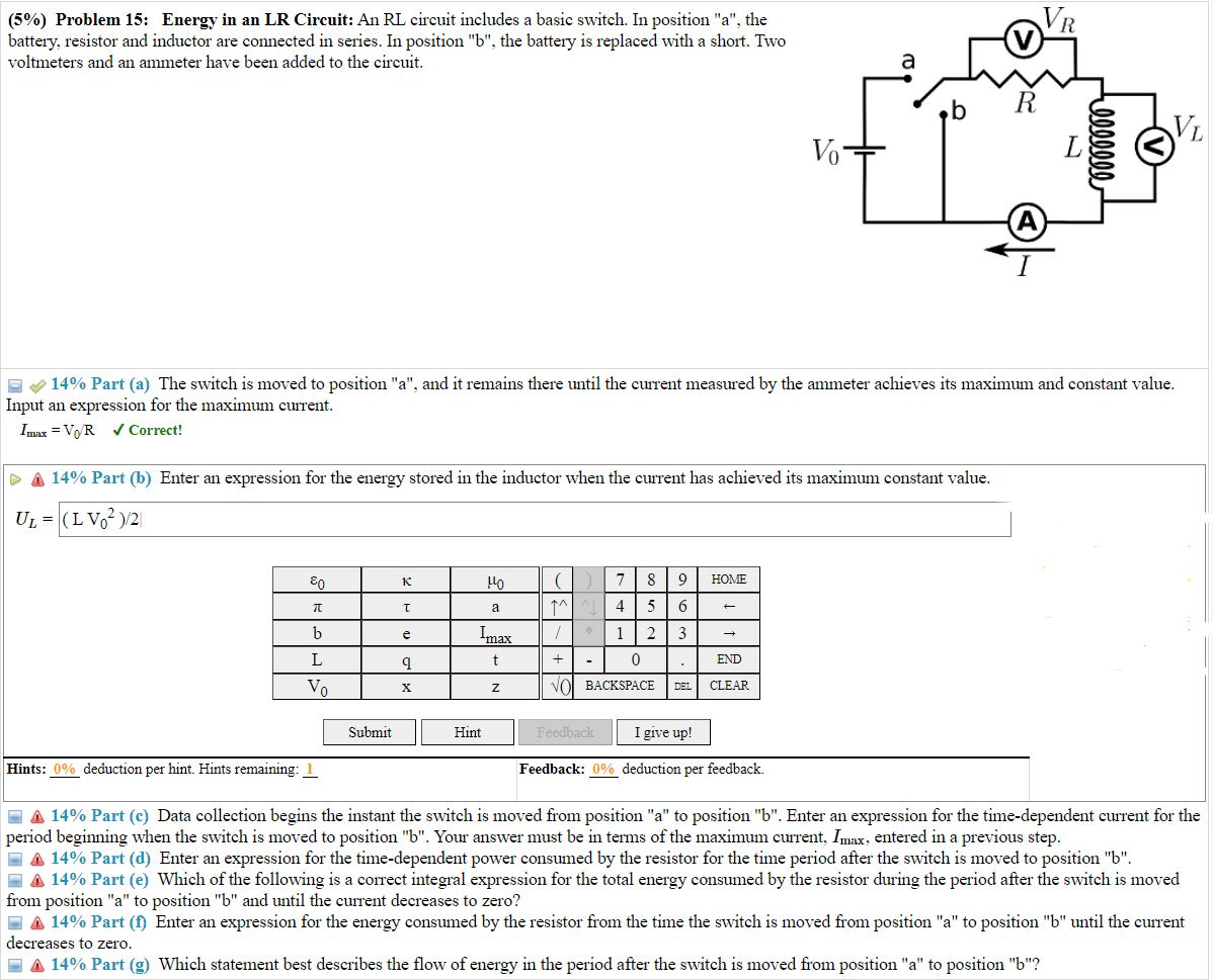 Solved (5\\%) Problem 15: Energy in an LR Circuit: An RL | Chegg.com