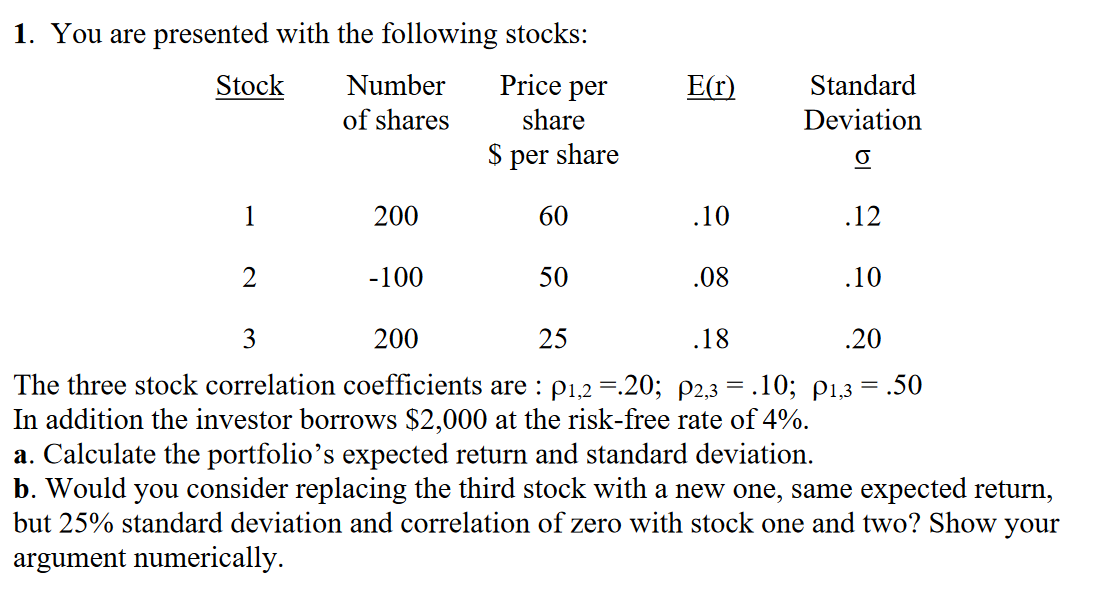 1. You are presented with the following stocks: The | Chegg.com
