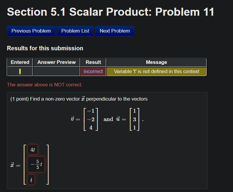 Solved Section 5.1 Scalar Product: Problem 15 Previous | Chegg.com