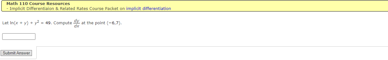 Solved Math 110 Course Resources - Implicit Differentiaion | Chegg.com