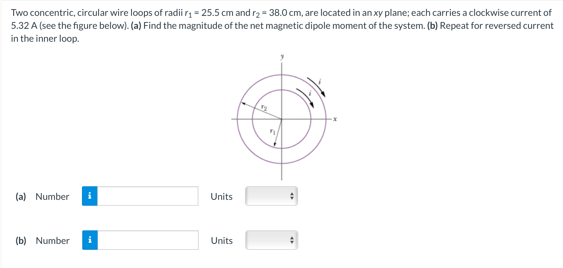 Solved Two concentric, circular wire loops of radii r1=25.5 | Chegg.com