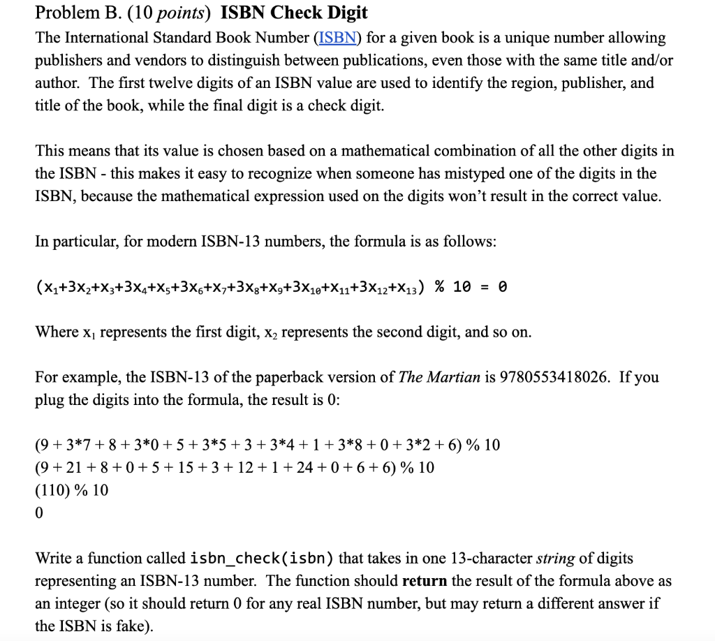Solved Problem B. (10 points) ISBN Check Digit The | Chegg.com