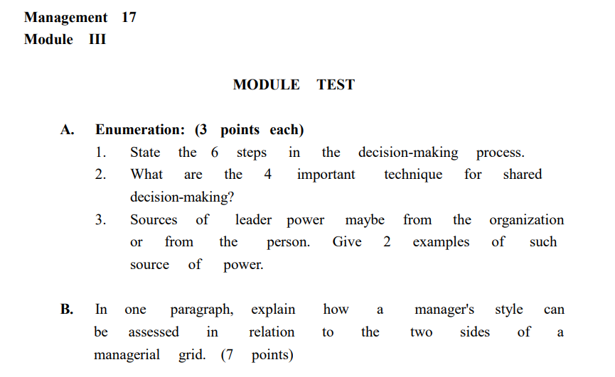 Management 17 Module III MODULE TEST A. Enumeration: | Chegg.com