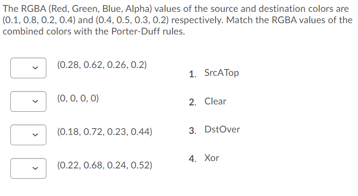 Solved The RGBA (Red, Green, Blue, Alpha) values of the | Chegg.com