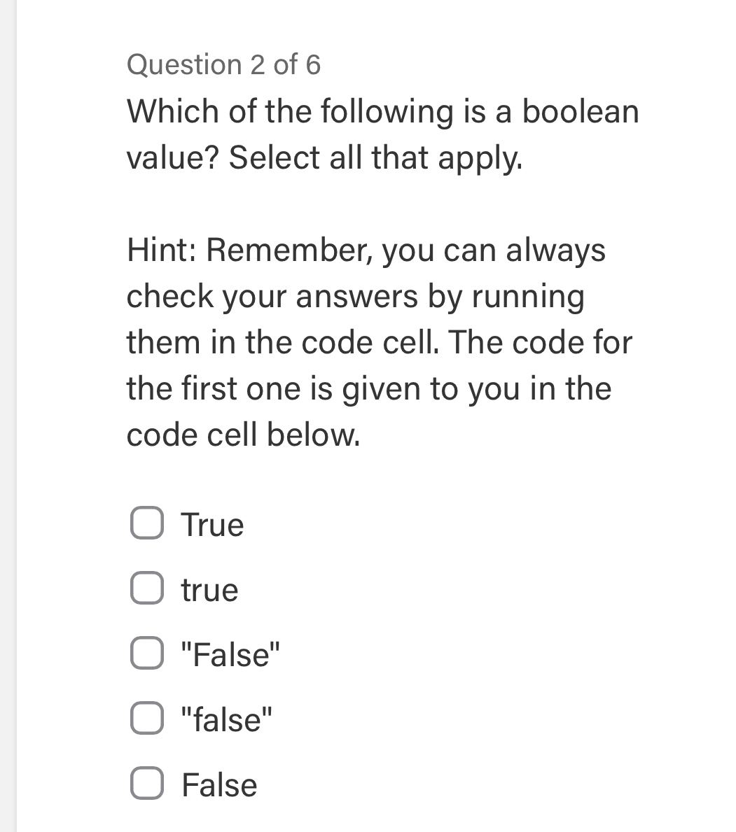Solved Question 2 of 6 Which of the following is a boolean | Chegg.com