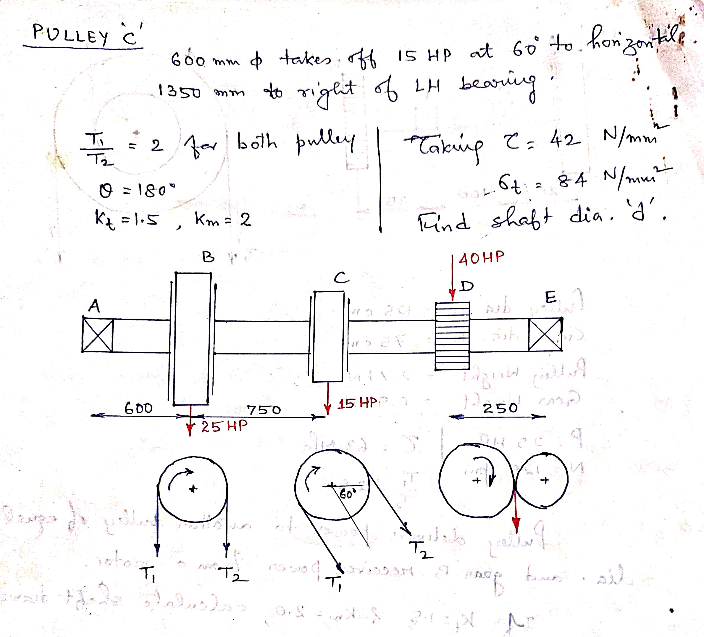 Solved PULLEY ' c ' 600 mmϕ takes off 15HP at 60∘ to hor | Chegg.com