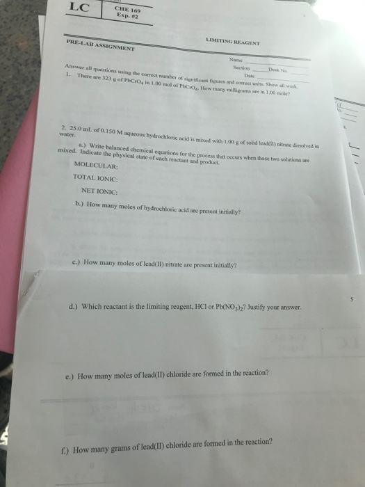 LCE. CHE 169 LIMITING REAGENT PRE-LAB ASSIGNMENT Dask | Chegg.com