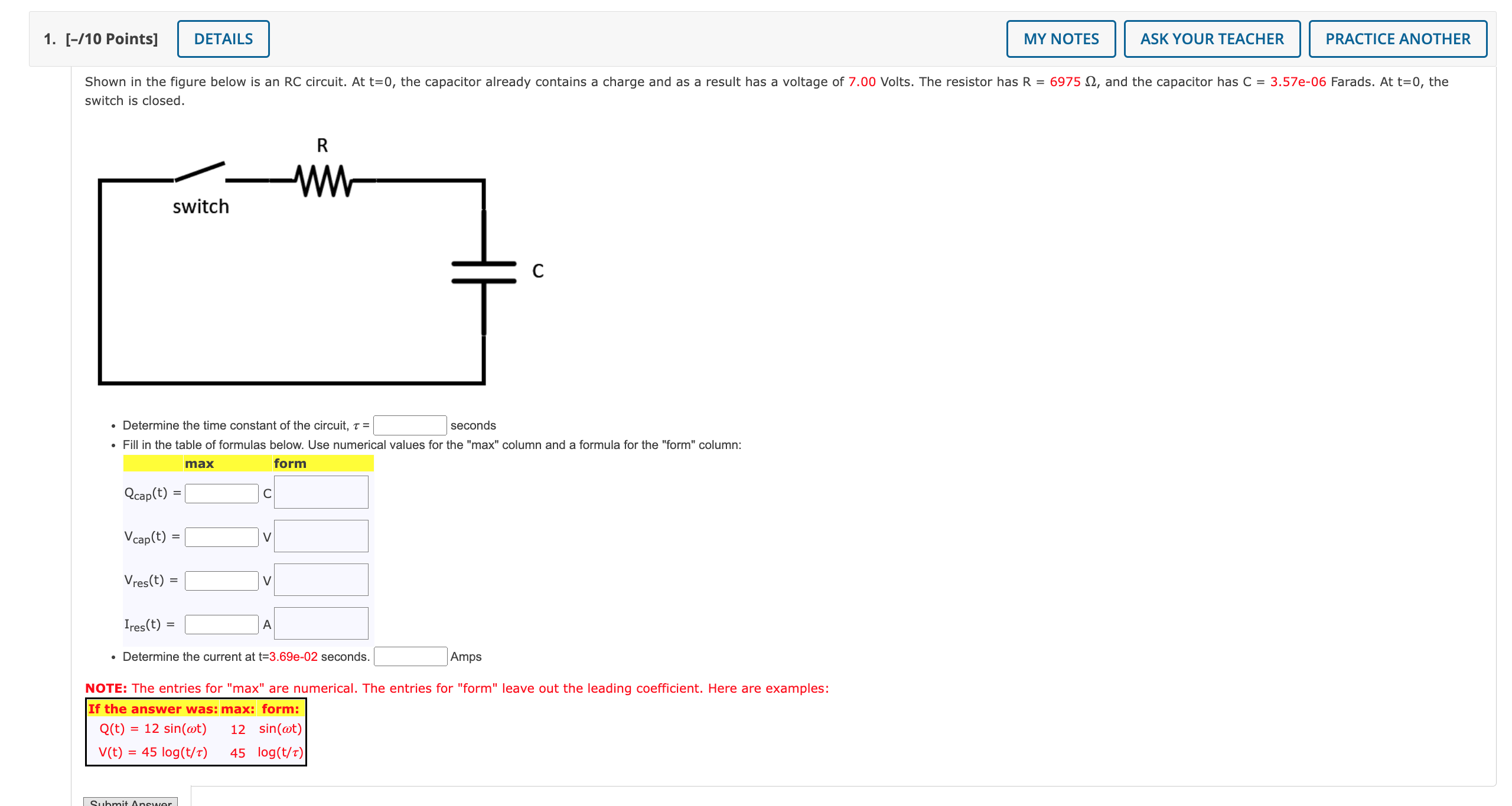 Solved switch is closed. - Determine the time constant of | Chegg.com