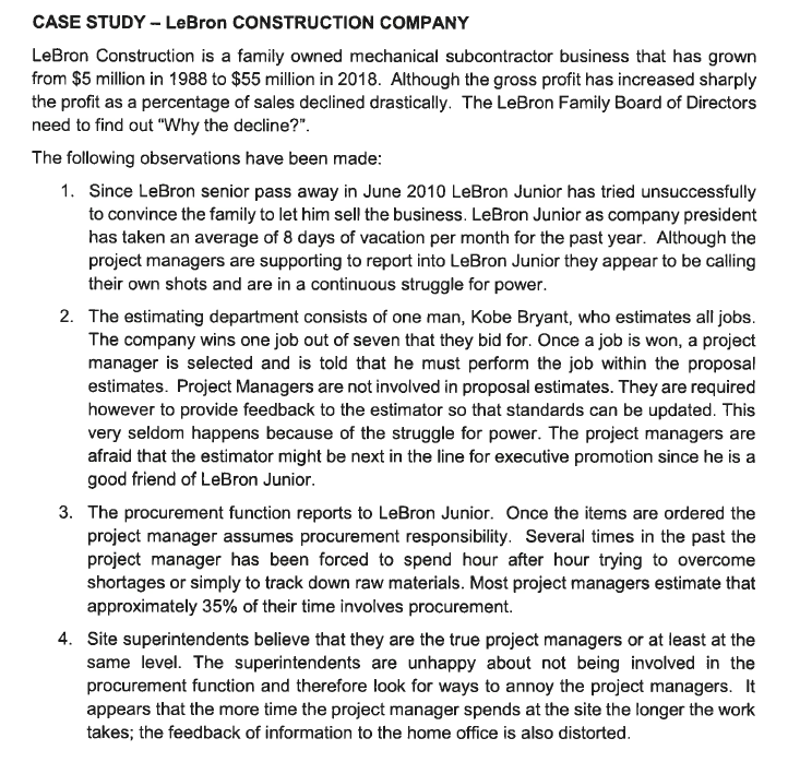 Solved CASE STUDY - LeBron CONSTRUCTION COMPANY LeBron | Chegg.com