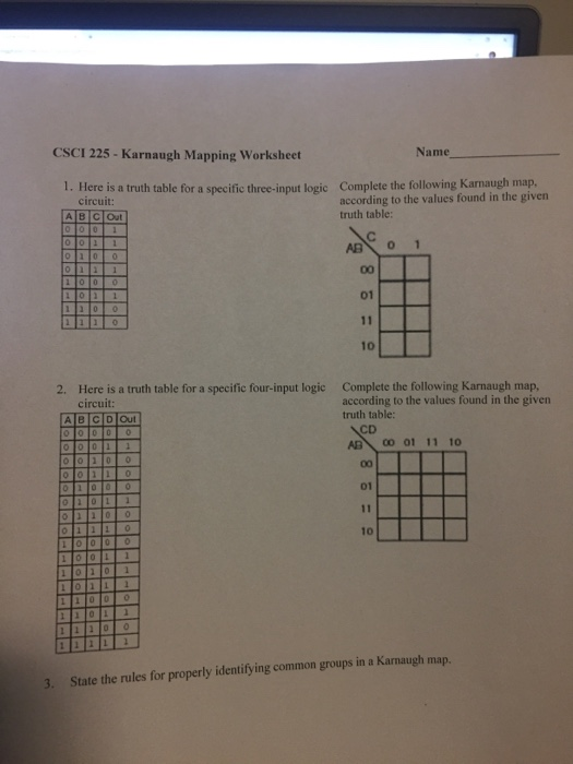 Solved CSCI 225- Karnaugh Mapping Worksheet Name 1. Here is | Chegg.com