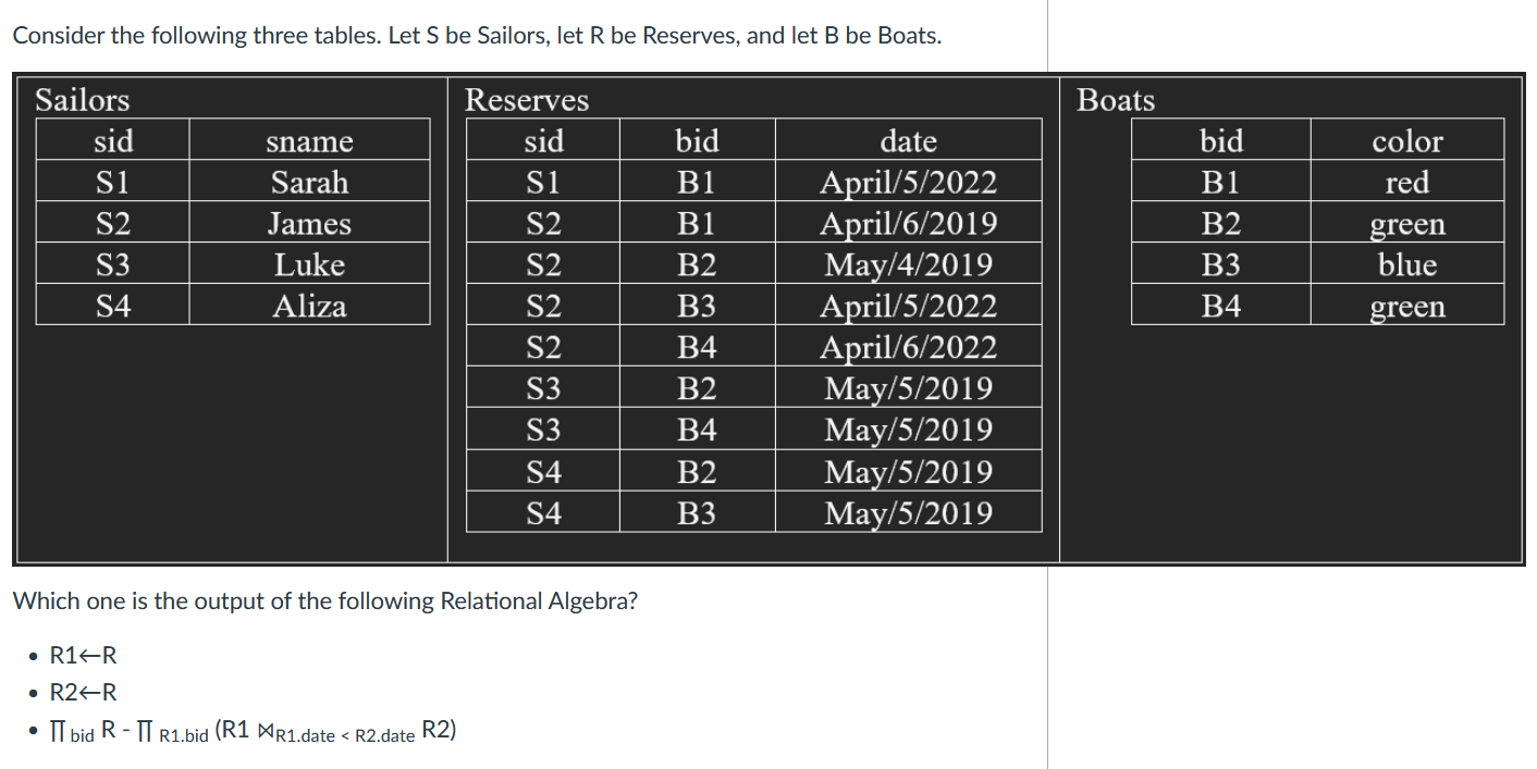 Solved Consider the following three tables. Let S be | Chegg.com