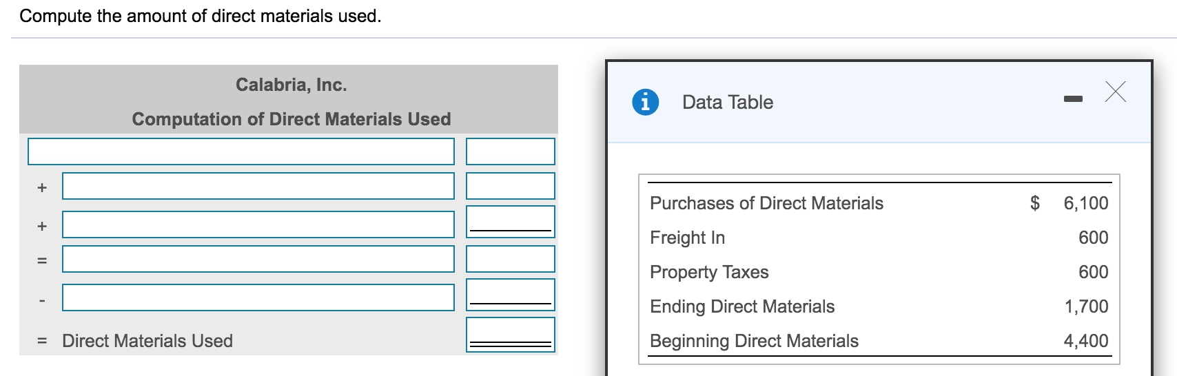 Solved Compute the amount of direct materials used. | Chegg.com