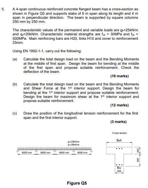 Solved 5. A 4-span continuous reinforced concrete flanged | Chegg.com