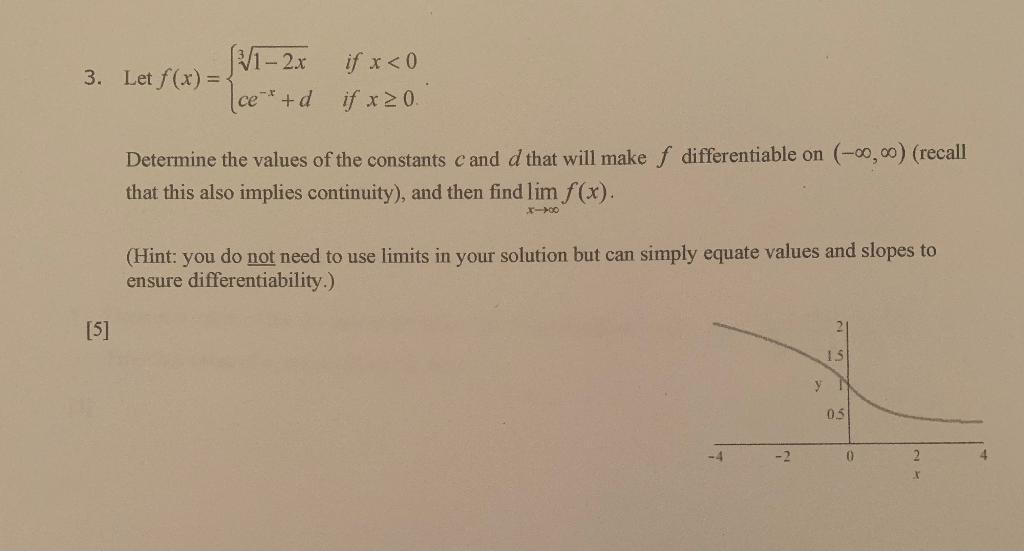 Solved 3. Let f(x)={31−2xce−x+d if x