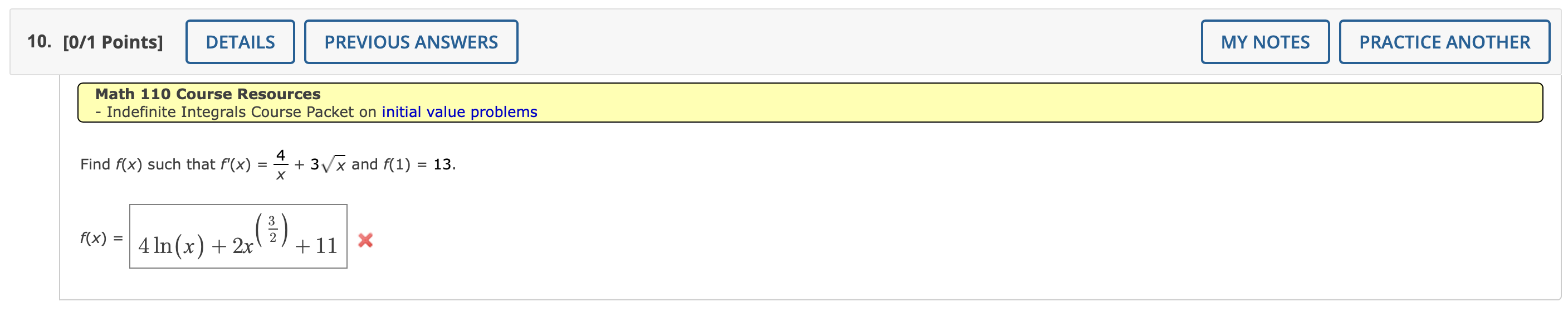 Solved Math 110 Course Resources - Indefinite Integrals | Chegg.com