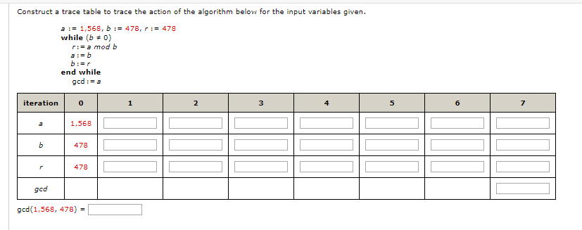 Solved Construct Trace Table Trace Action Algorithm Input Variables Given 1 568 B 478 R 478 9496