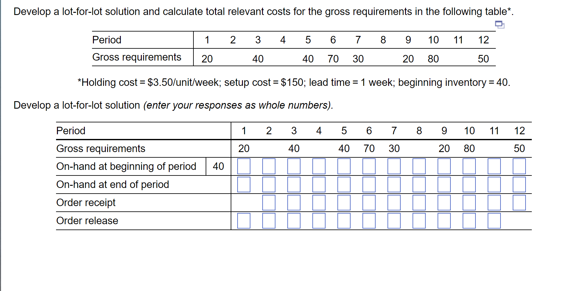 Solved Develop a lot-for-lot solution and calculate total | Chegg.com