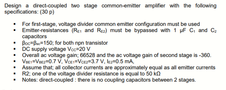 Solved Design a direct-coupled two stage common-emitter | Chegg.com