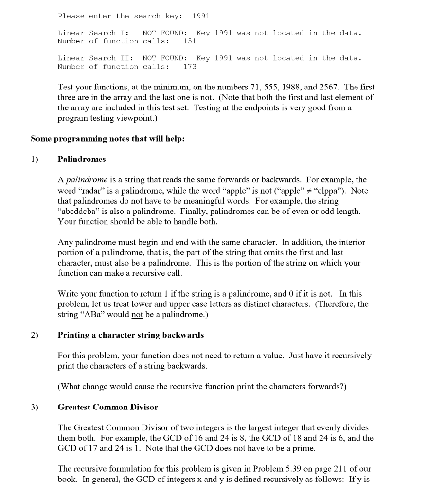 Please answer in C For recursive linear search,555, | Chegg.com
