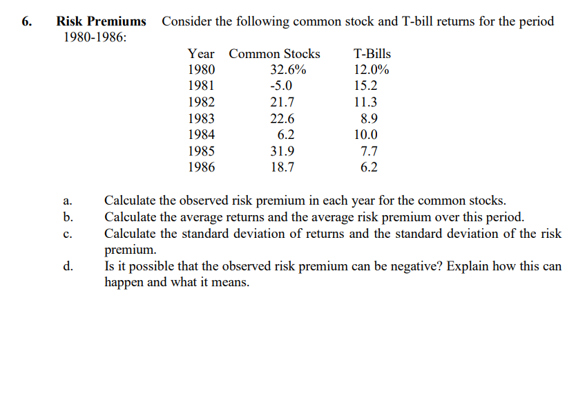 Solved 6. Risk Premiums Consider the following common stock | Chegg.com