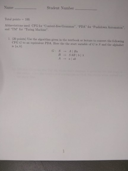 Solved Name Student Number Total points 100 Abbreviations | Chegg.com