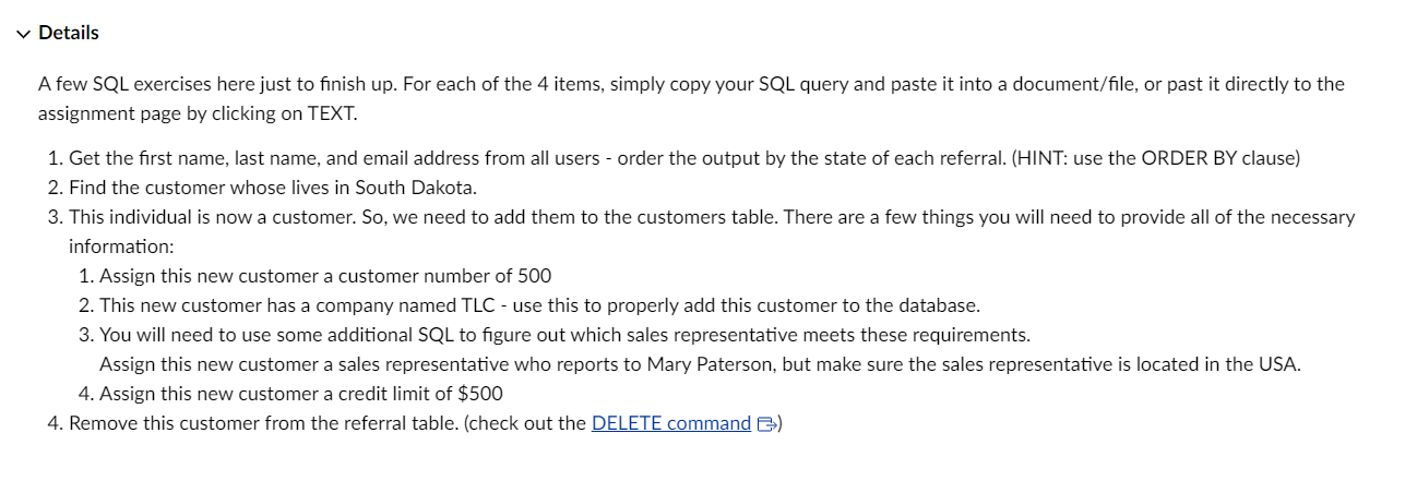 Solved Remove this customer from the referral table. (check | Chegg.com