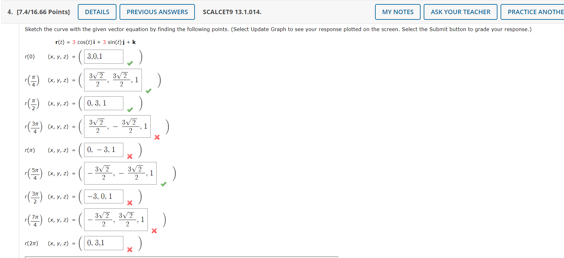 Solved r(t)=3cos(t)i+3sin(t)j+k r(0)(x,y,z)=( | Chegg.com