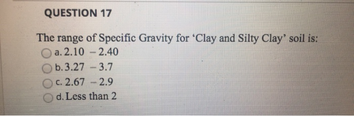 Solved QUESTION 17 The range of Specific Gravity for 'Clay | Chegg.com