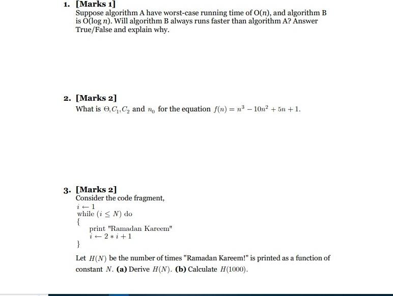 Solved 1. [Marks 1] Suppose algorithm A have worst-case | Chegg.com