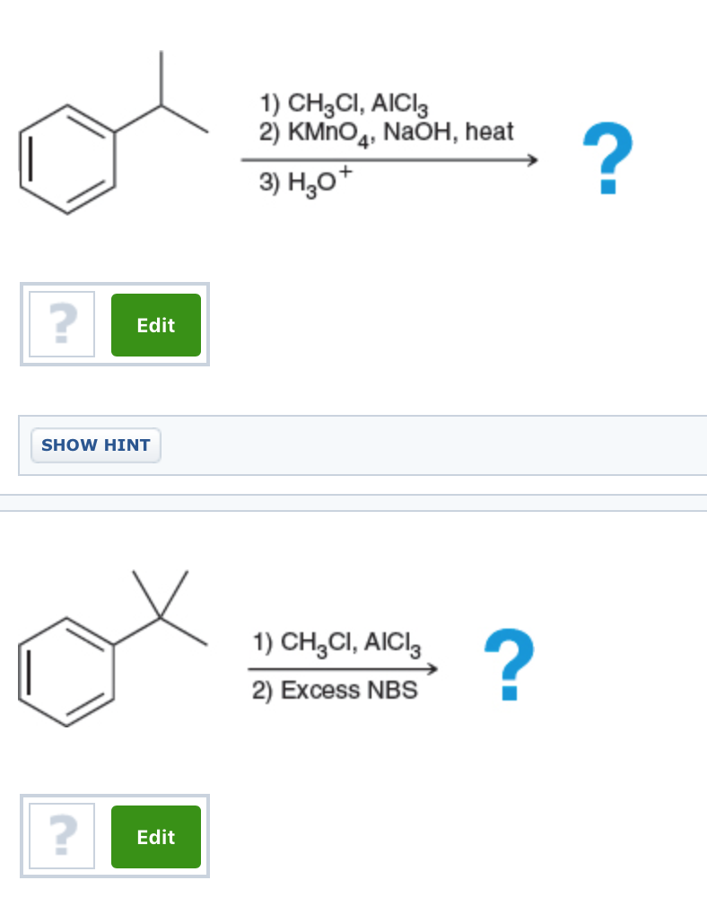 Solved 1) CH3CI, AICl3 2) KMno4, NaoH, heat 3) H3o 3 Edit | Chegg.com