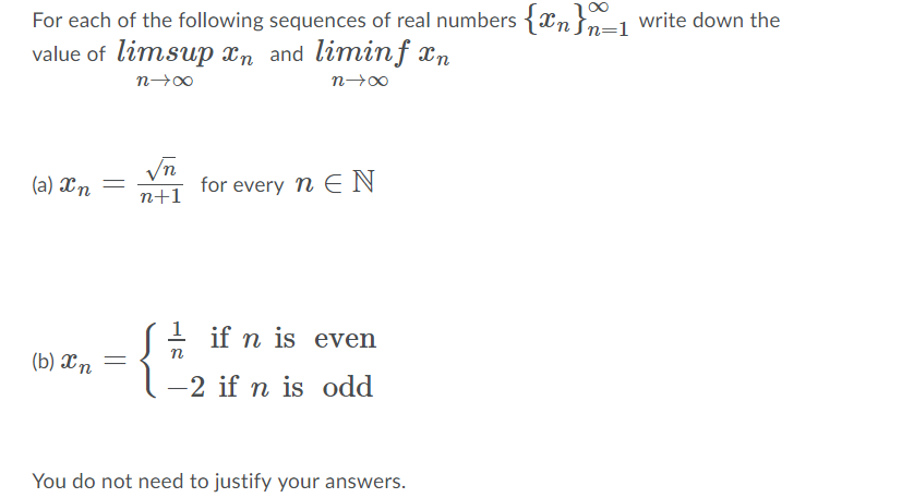 Solved For each of the following sequences of real numbers | Chegg.com