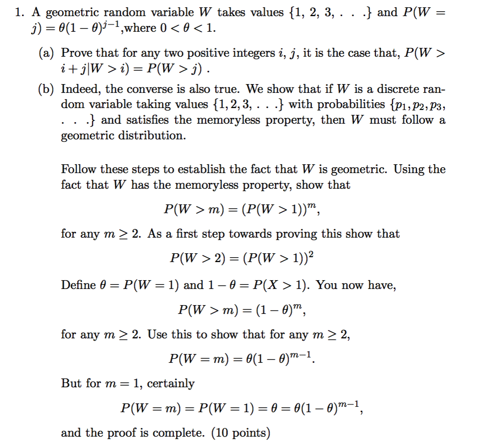 Solved 1. A geometric random variable W takes values f1, 2, | Chegg.com