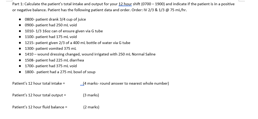 Solved Part 1: Calculate the patient's total intake and | Chegg.com
