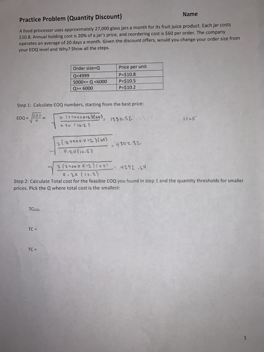 Solved Practice Problem (Quantity Discount) Name A food | Chegg.com