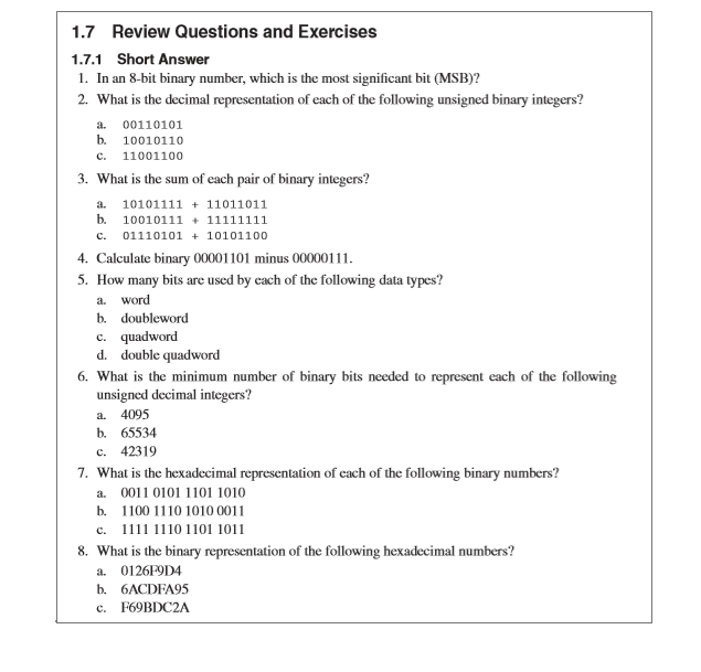 Solved c. 1.7 Review Questions and Exercises 1.7.1 Short | Chegg.com