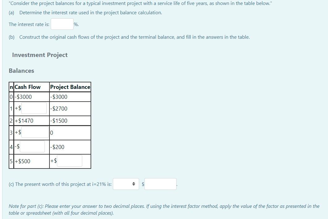 Solved "Consider the project balances for a typical | Chegg.com